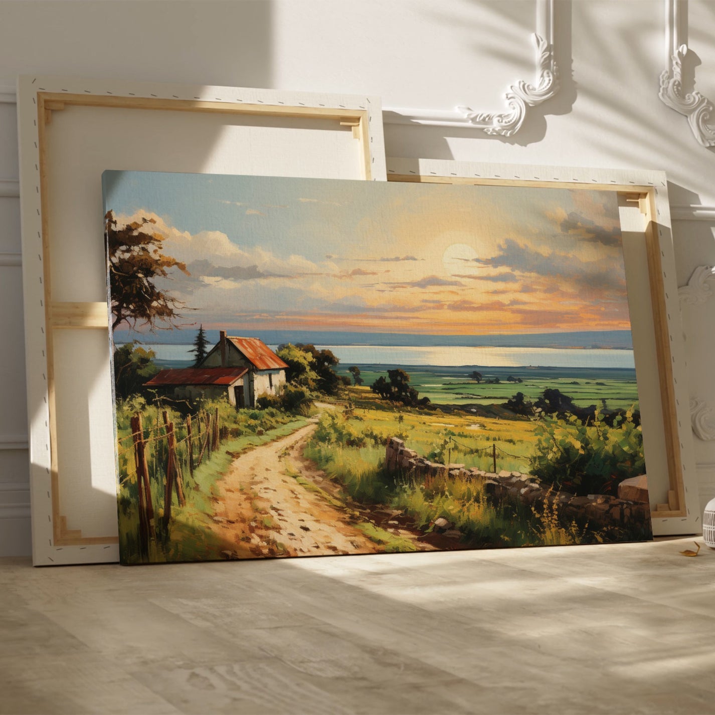 Framed Canvas Print of Sunset Serenity Rustic Farmhouse Landscape