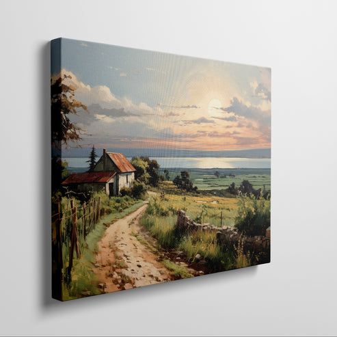 Framed Canvas Print of Sunset Serenity Rustic Farmhouse Landscape